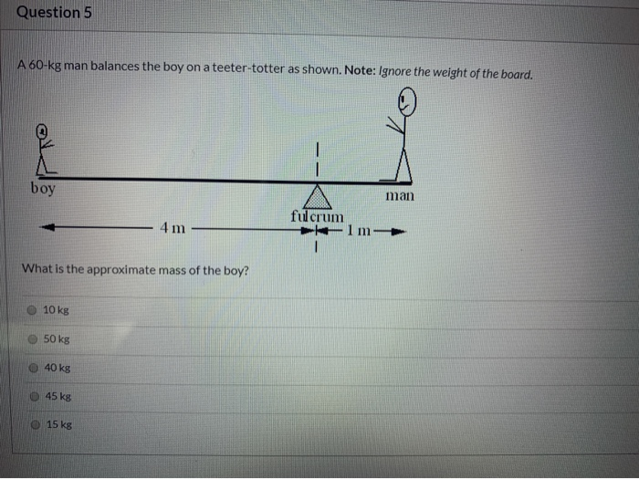 Solved Question 5 A 60-kg man balances the boy on a | Chegg.com