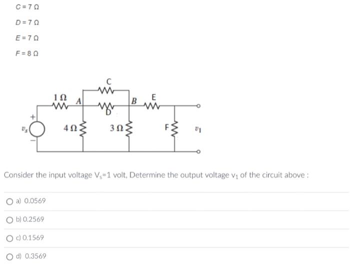Solved C=7ΩD=7ΩE=7ΩF=8Ω Consider the input voltage Vs=1 | Chegg.com