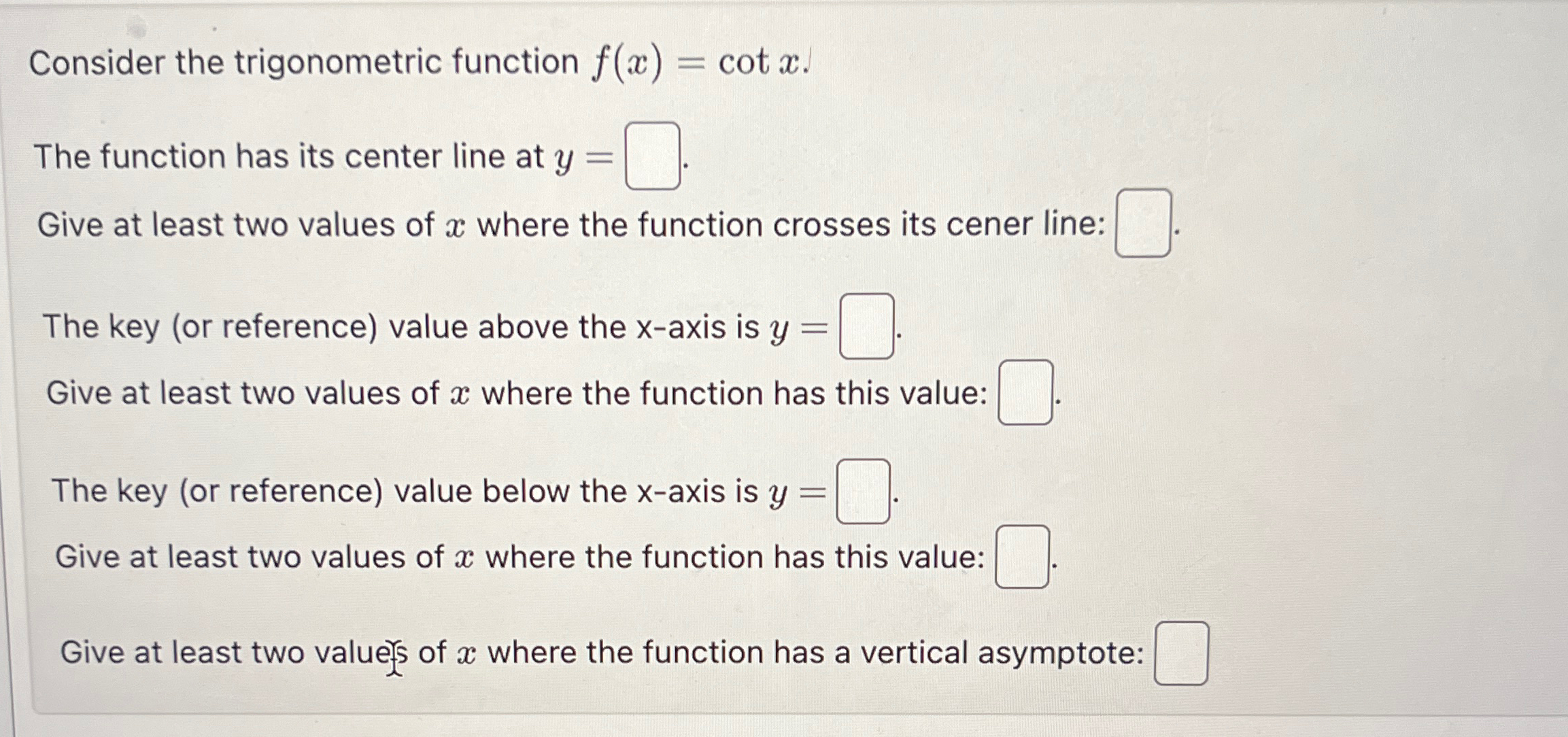 Solved Consider the trigonometric function f(x)=cotx.The | Chegg.com