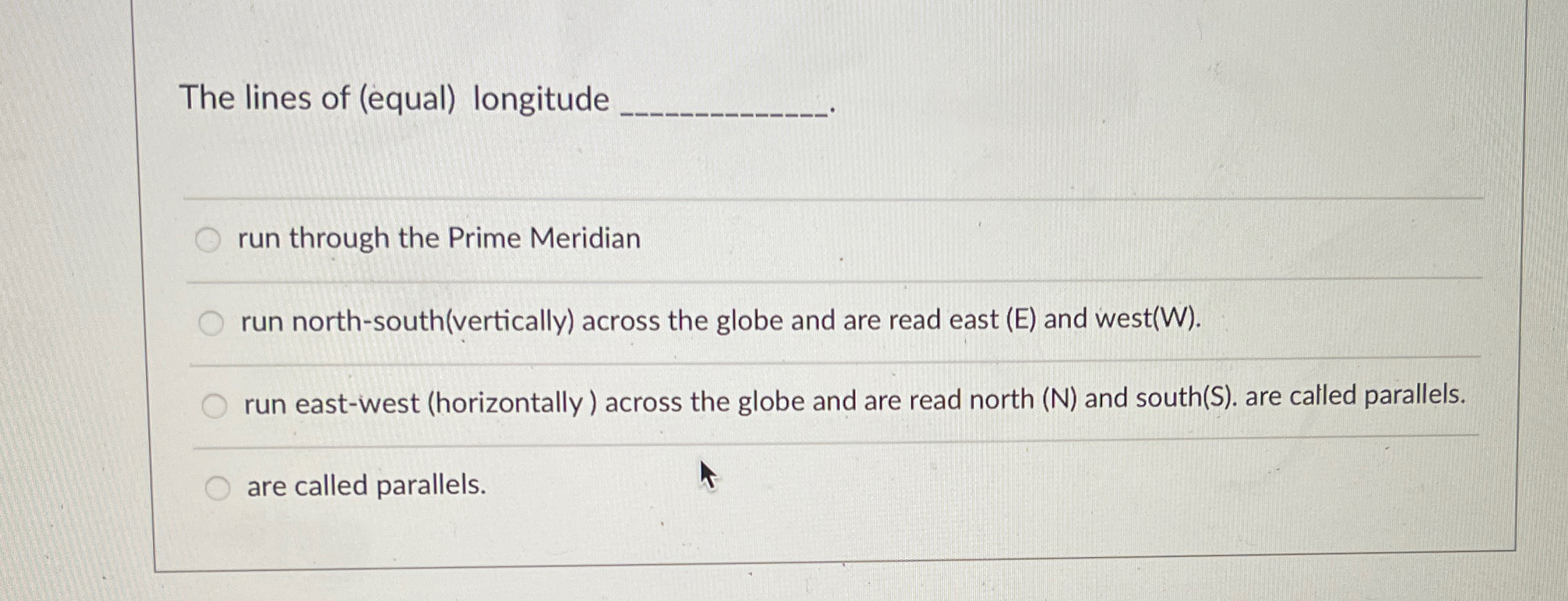 Solved The lines of (equal) ﻿longitude run through the | Chegg.com