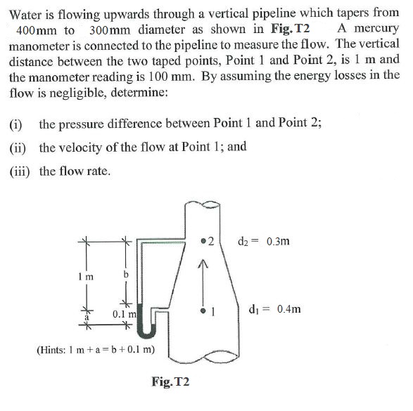 Solved Water is flowing upwards through a vertical pipeline | Chegg.com