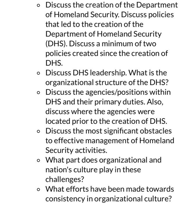 - Discuss the creation of the Department of Homeland | Chegg.com