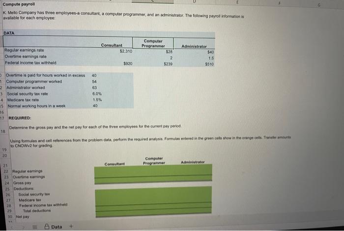 Solved Compute payroll K. Mello Company has three | Chegg.com