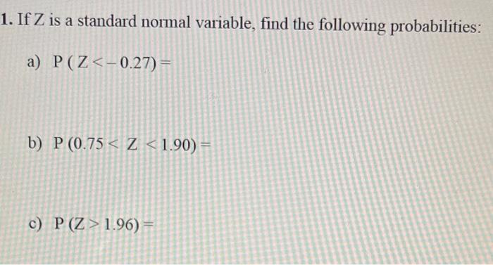 Solved 1. If Z is a standard normal variable, find the | Chegg.com