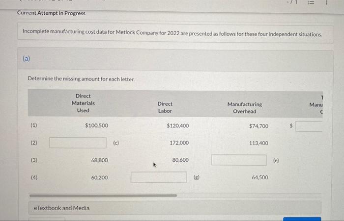 Solved Current Attempt in Progress Incomplete manufacturing | Chegg.com