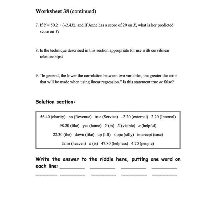 Solved Worksheet 38 Introduction to Linear Regression | Chegg.com