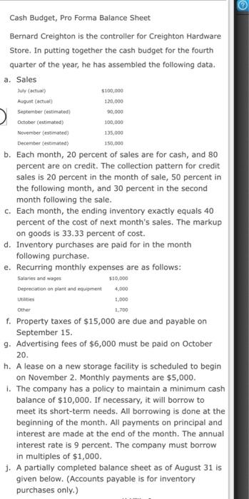 Solved Cash Budget, Pro Forma Balance Sheet Bernard | Chegg.com