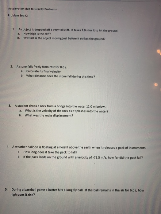 Solved Acceleration due to Gravity Problems Problem Set #2 | Chegg.com