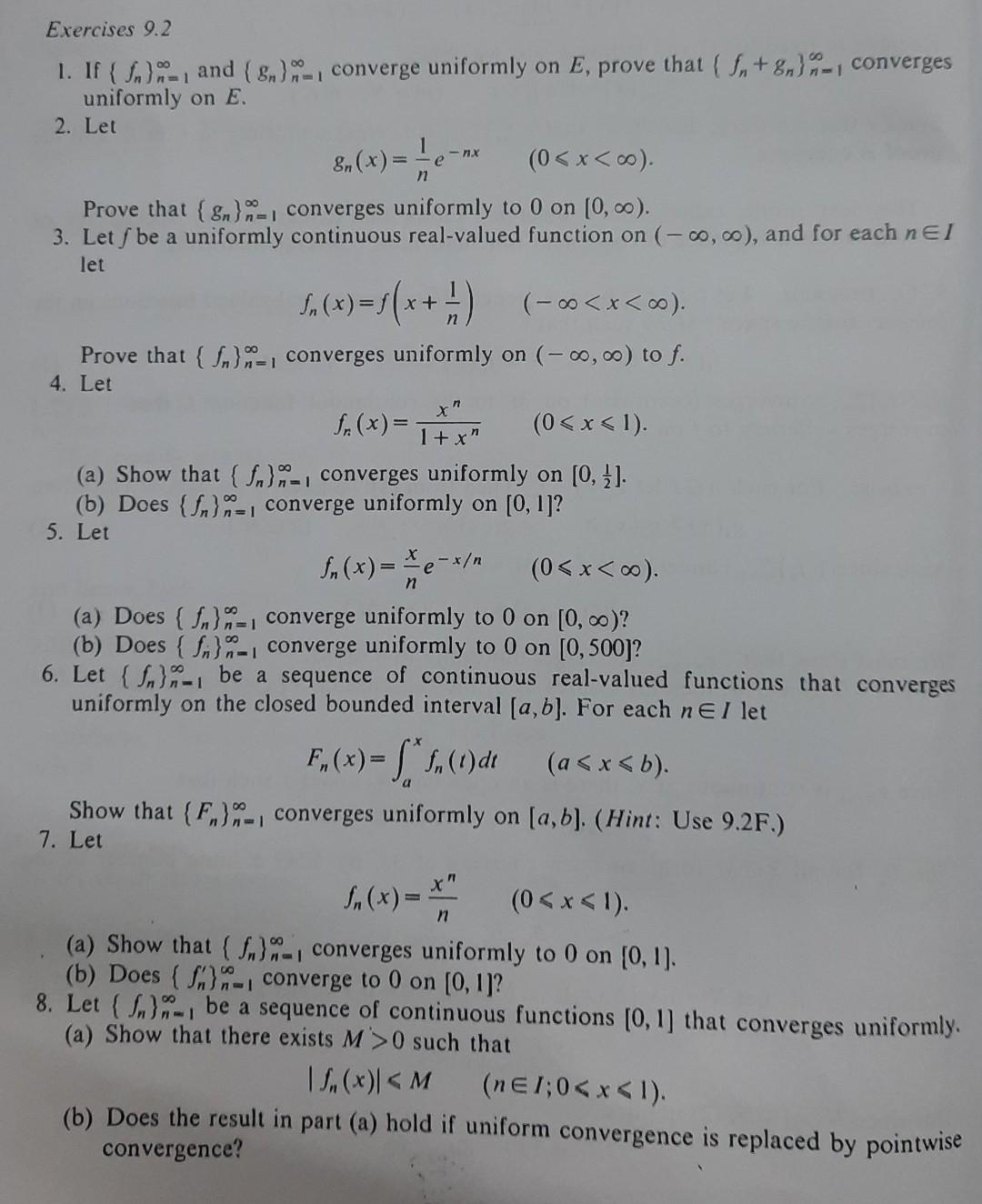 Solved Exercises 9.2 1. If (f) and (g), converge uniformly | Chegg.com