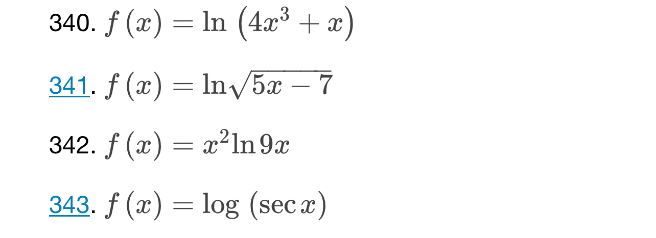 Solved f(x)=ln(4x3+x)f(x)=ln5x-72f(x)=x2ln9xf(x)=log(secx) | Chegg.com