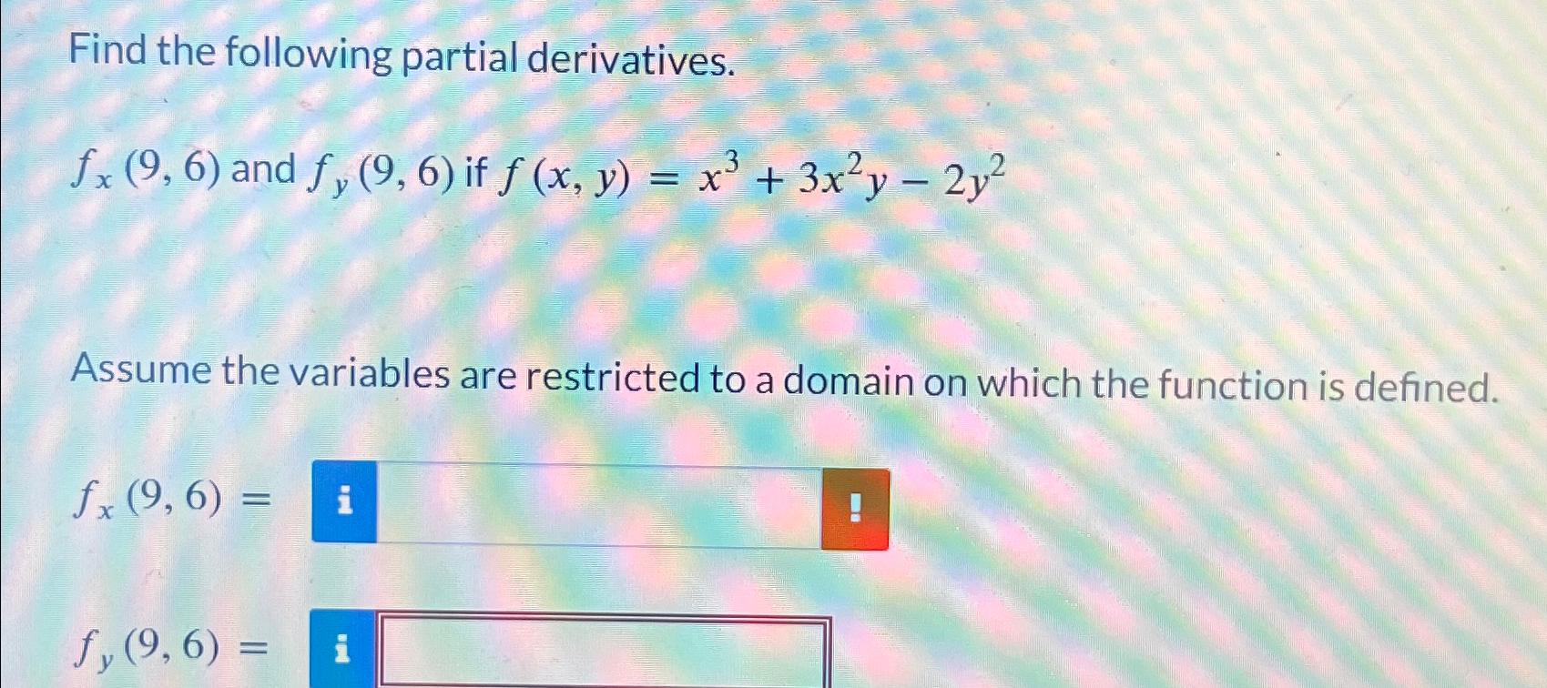 Solved Find the following partial derivatives.fx(9,6) ﻿and | Chegg.com