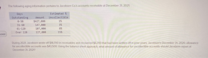 Solved The Following Aging Information Pertains To Jacobsen Chegg