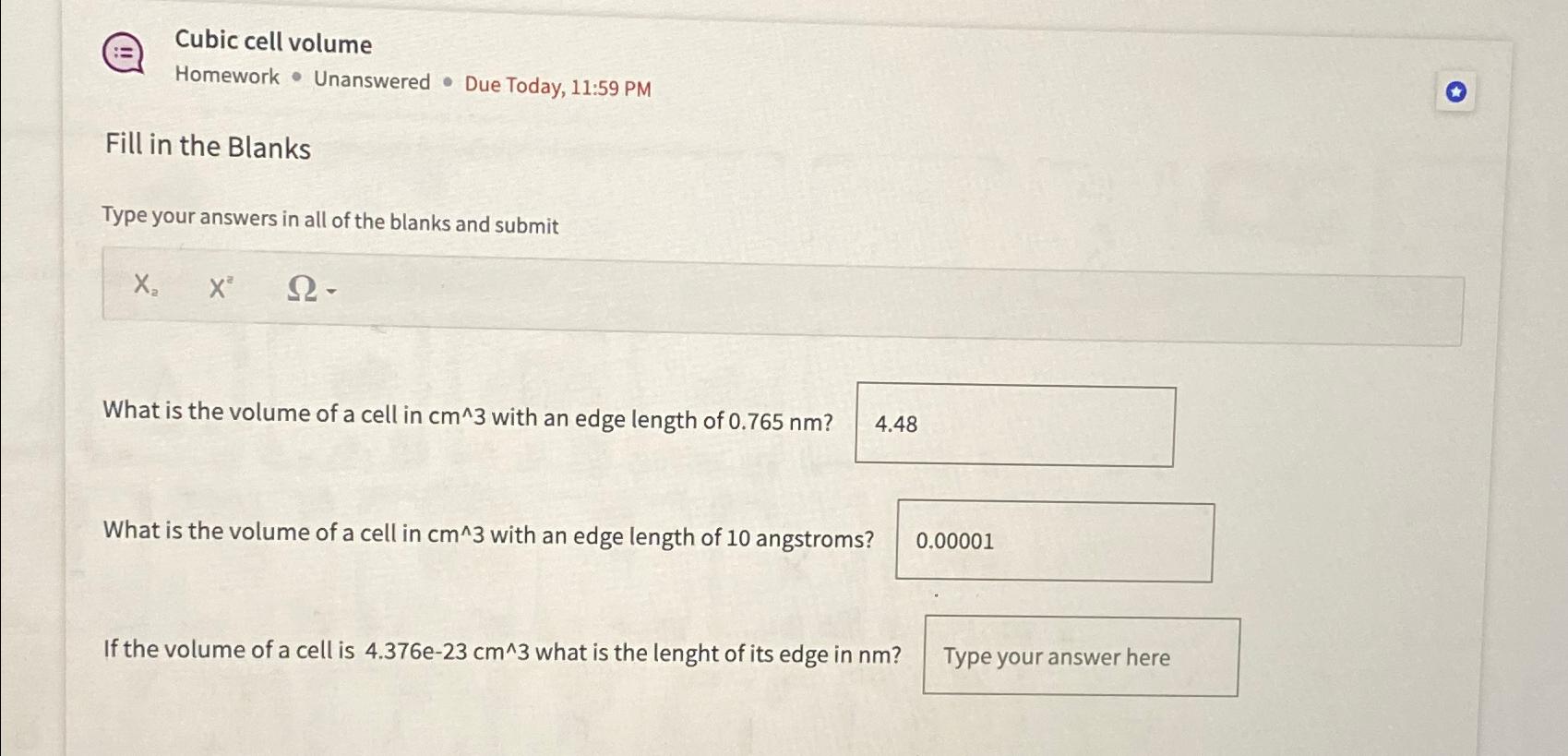 Solved Cubic cell volumeHomework * ﻿Unanswered * ﻿Due Today, | Chegg.com