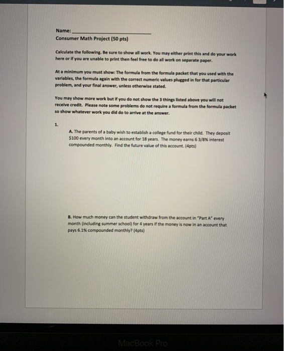 Solved Name: Consumer Math Project (50 pts) Calculate the | Chegg.com