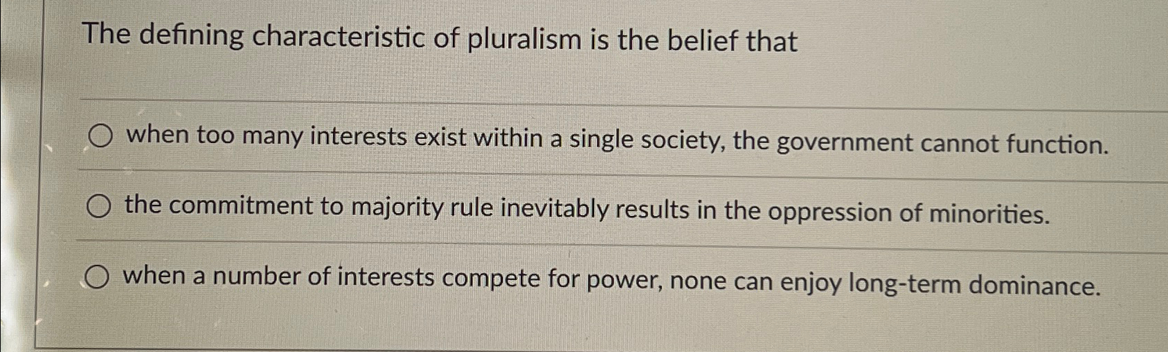 Solved The defining characteristic of pluralism is the | Chegg.com