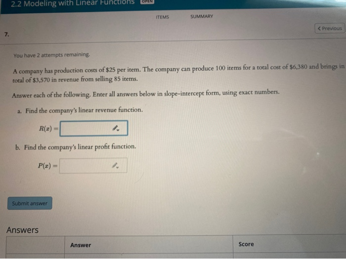 Solved 2.2 Modeling with Linear Functions ITEMS SUMMARY
