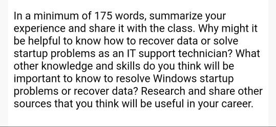 Solved In a minimum of 175 words, summarize your experience | Chegg.com