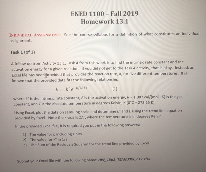 ENED 1100 - Fall 2019 Homework 13.1 INDIVIDUAL | Chegg.com