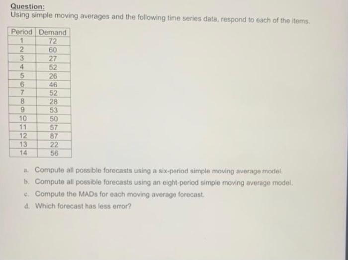 Solved Question: Using simple moving averages and the | Chegg.com