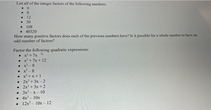 Solved . . List all of the integer factors of the following | Chegg.com