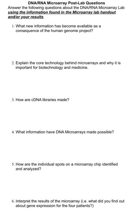 Solved AMMAE SHUTCOED DNA/RNA Microarray Post-Lab Questions | Chegg.com