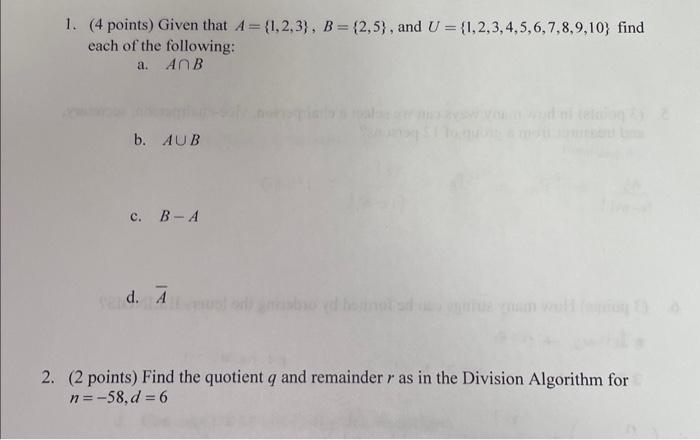 Solved 1. (4 points) Given that A={1,2,3},B={2,5}, and | Chegg.com