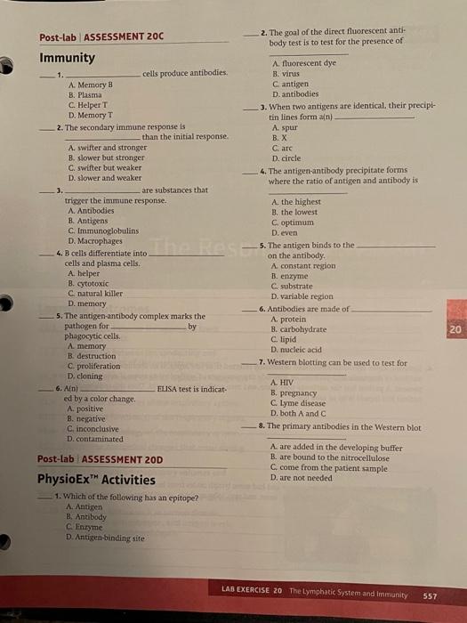 Solved Post-lab ASSESSMENT 20C Immunity 1. cells produce | Chegg.com