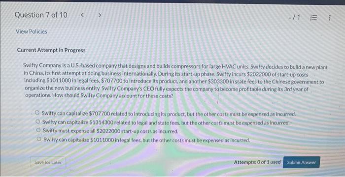 Solved Current Attempt in Progress Swifty Company is a U.S. | Chegg.com