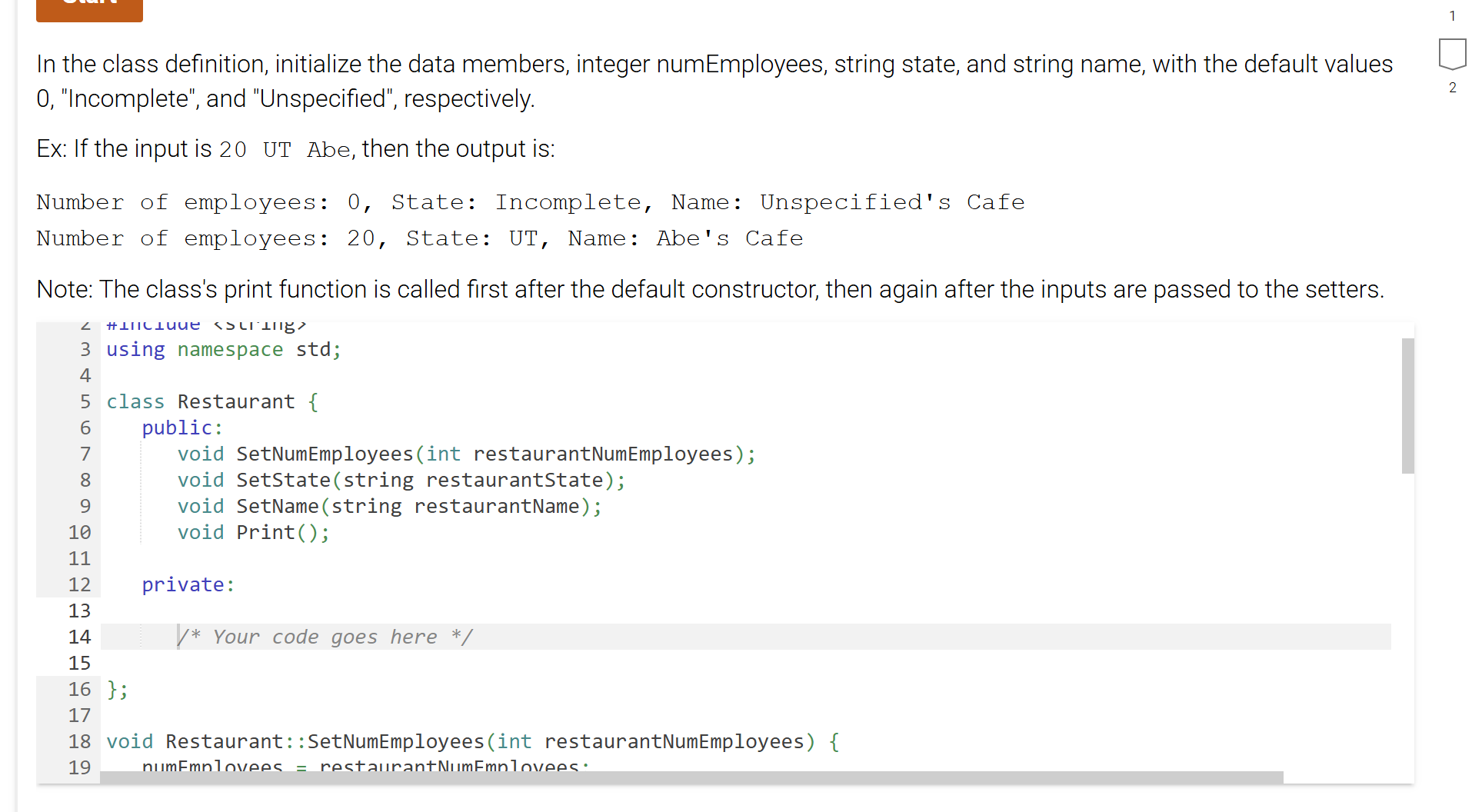 Solved In the class definition, initialize the data members, | Chegg.com