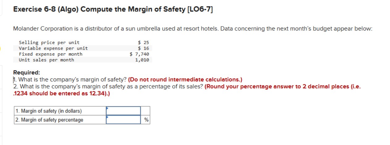 Solved Exercise 6-8 (Algo) ﻿Compute the Margin of Safety | Chegg.com