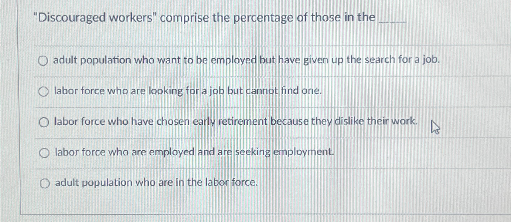 Solved "Discouraged workers" comprise the percentage of | Chegg.com