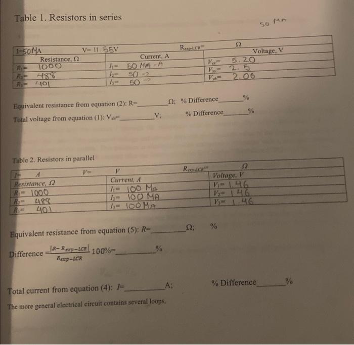 Table 1 . Resistors in series Equivalent resistance | Chegg.com