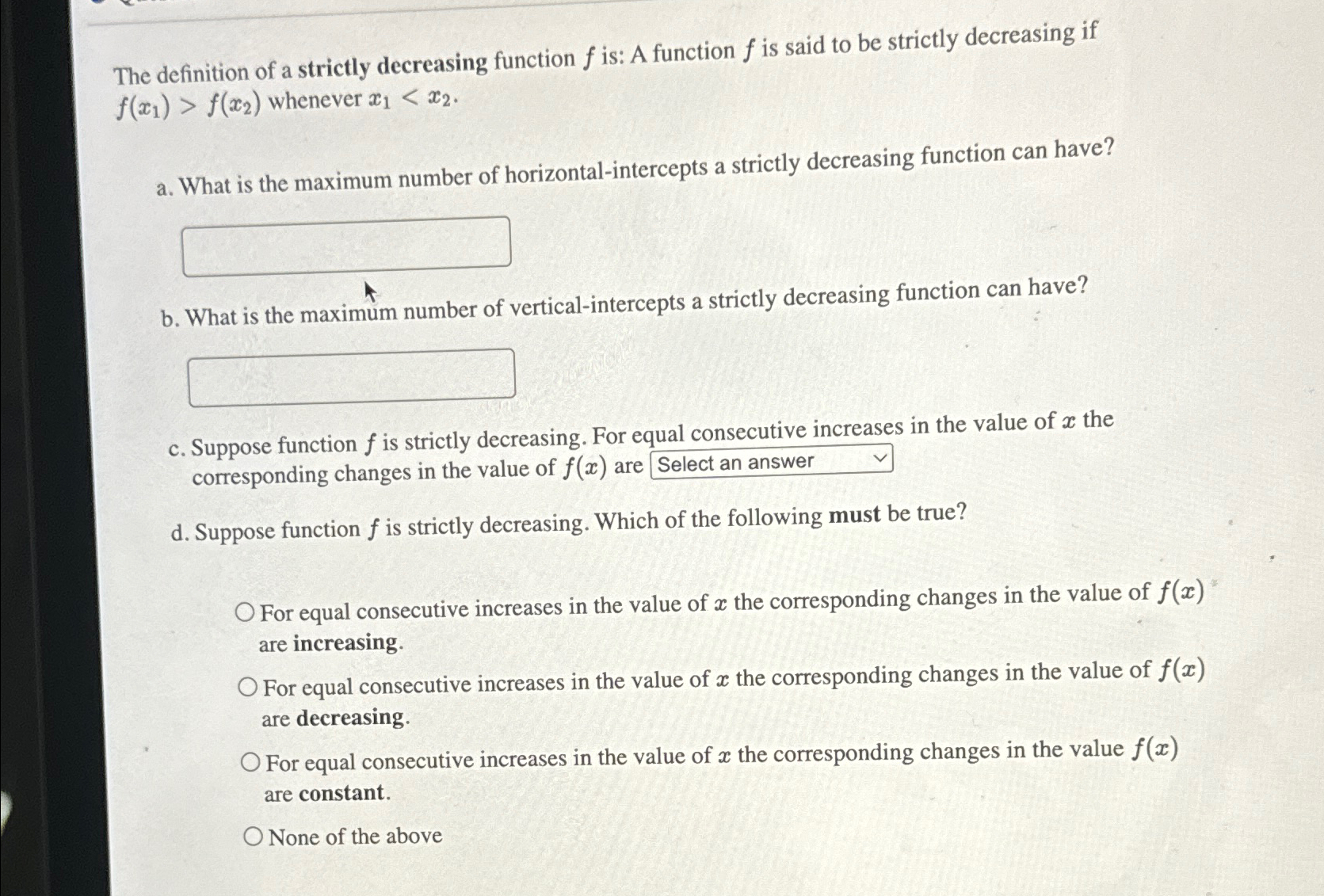 Solved The definition of a strictly decreasing function f | Chegg.com