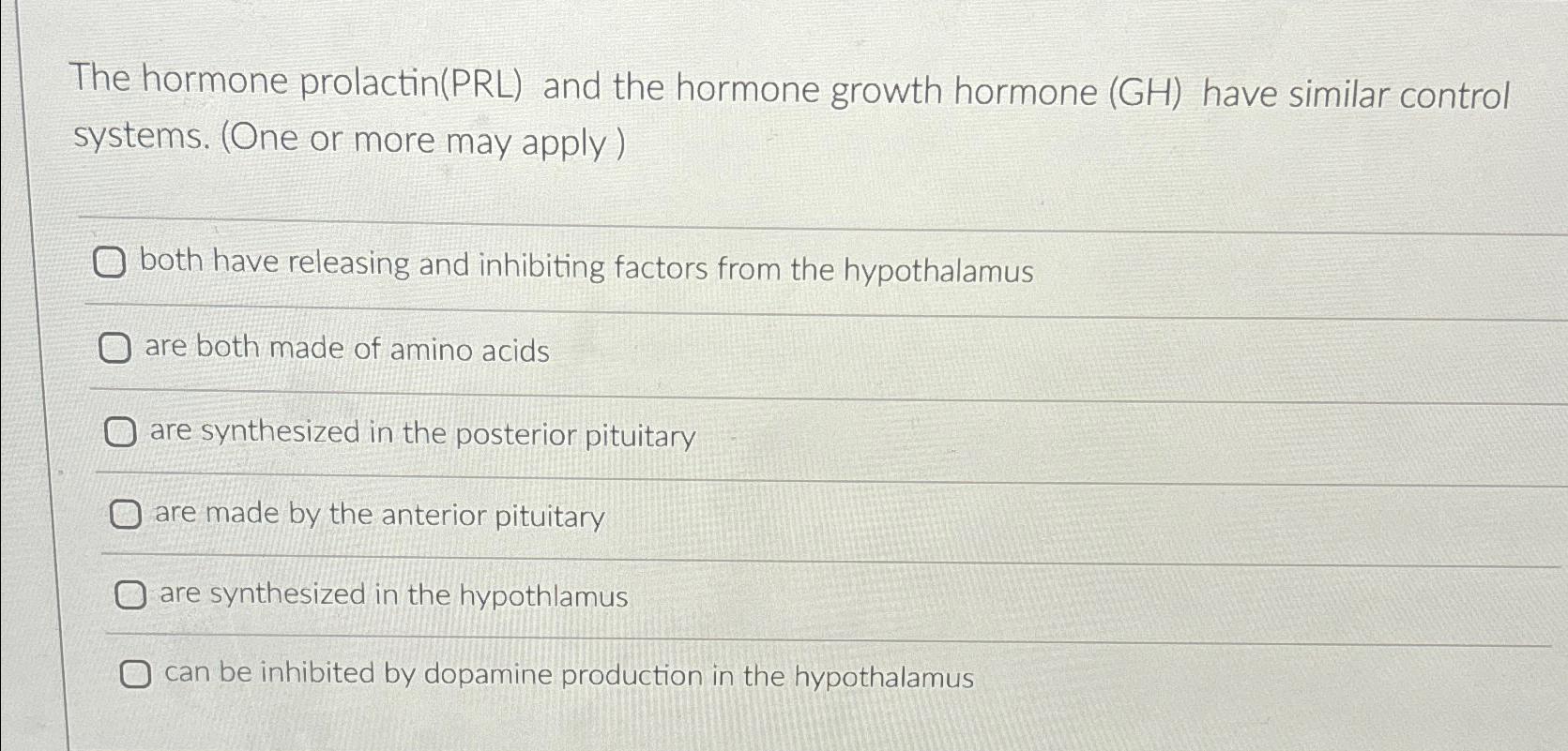 Solved The hormone prolactin(PRL) ﻿and the hormone growth | Chegg.com