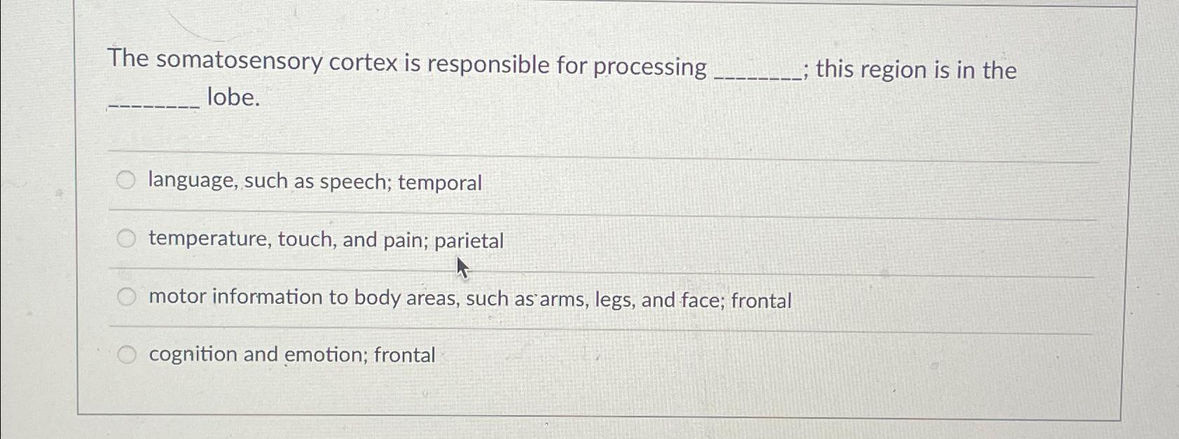 Solved The somatosensory cortex is responsible for | Chegg.com
