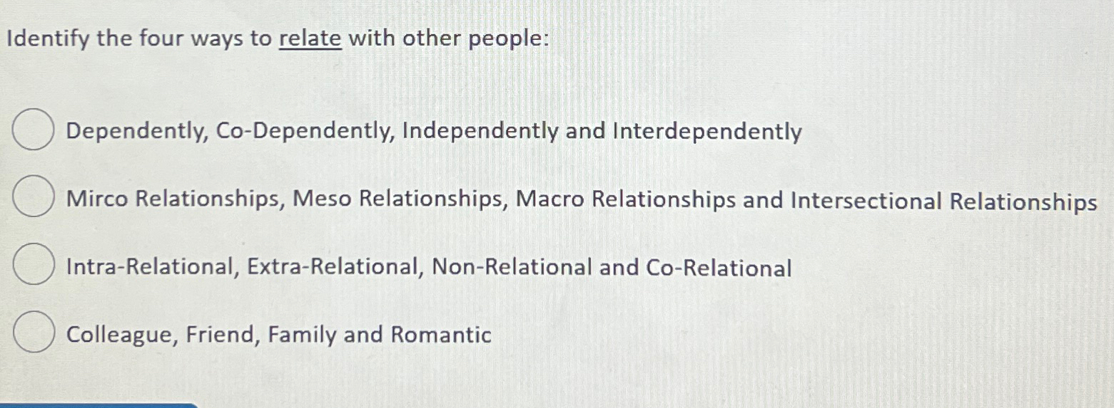 Solved Identify the four ways to relate with other | Chegg.com
