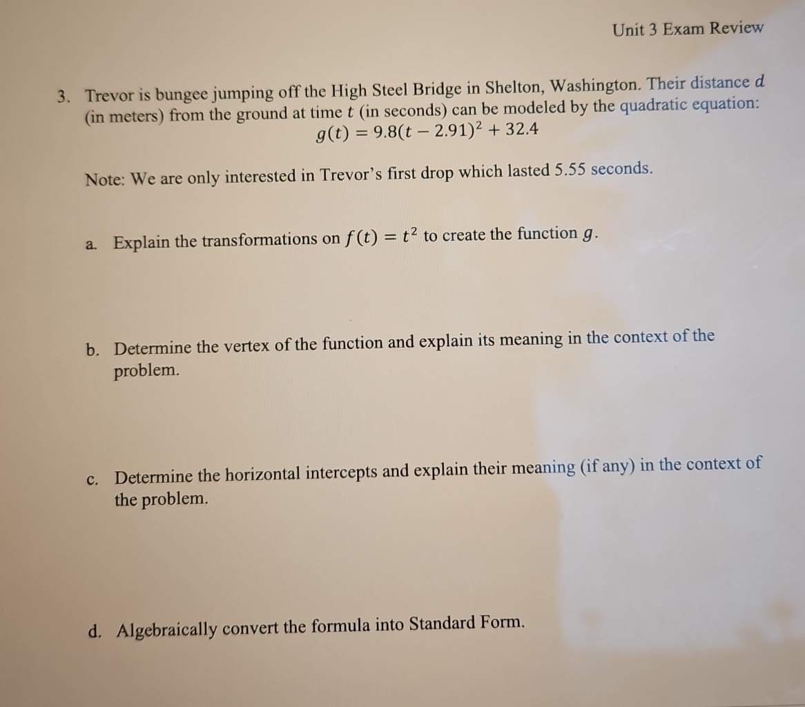 Solved Unit 3 ﻿Exam Review3. ﻿Trevor is bungee jumping off | Chegg.com