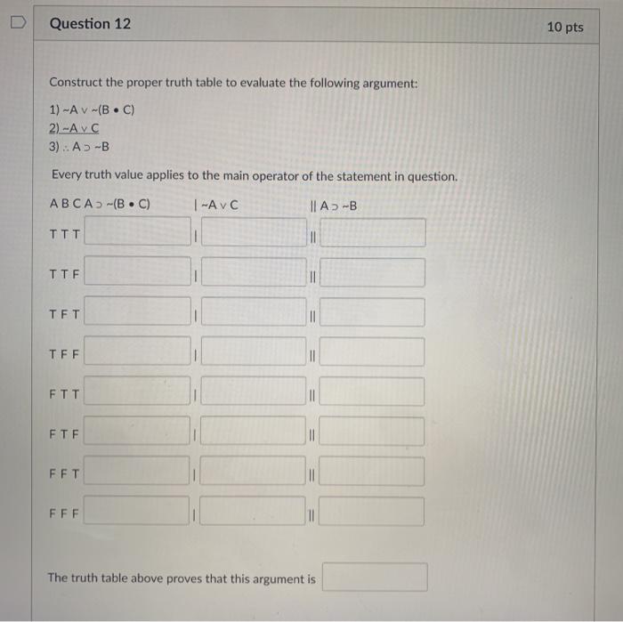 Question 12 10 pts Construct the proper truth table | Chegg.com