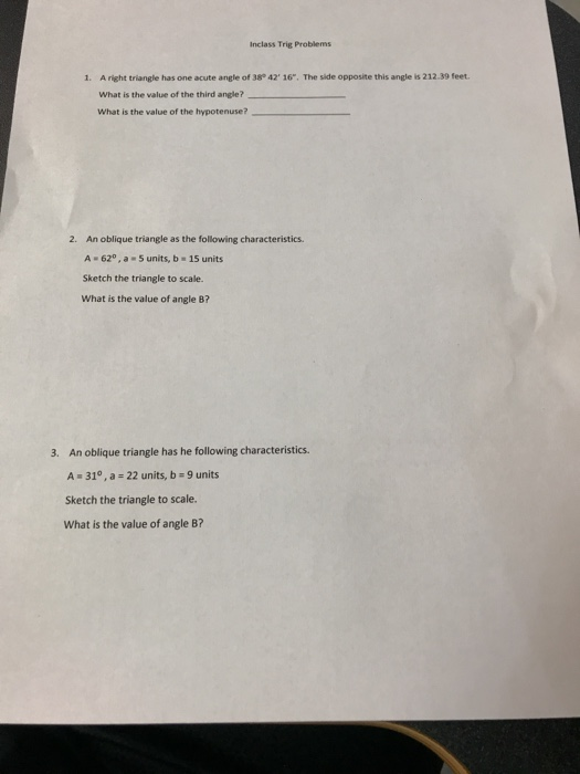 Solved Inclass Trig Problems Aright triangle has one acute | Chegg.com