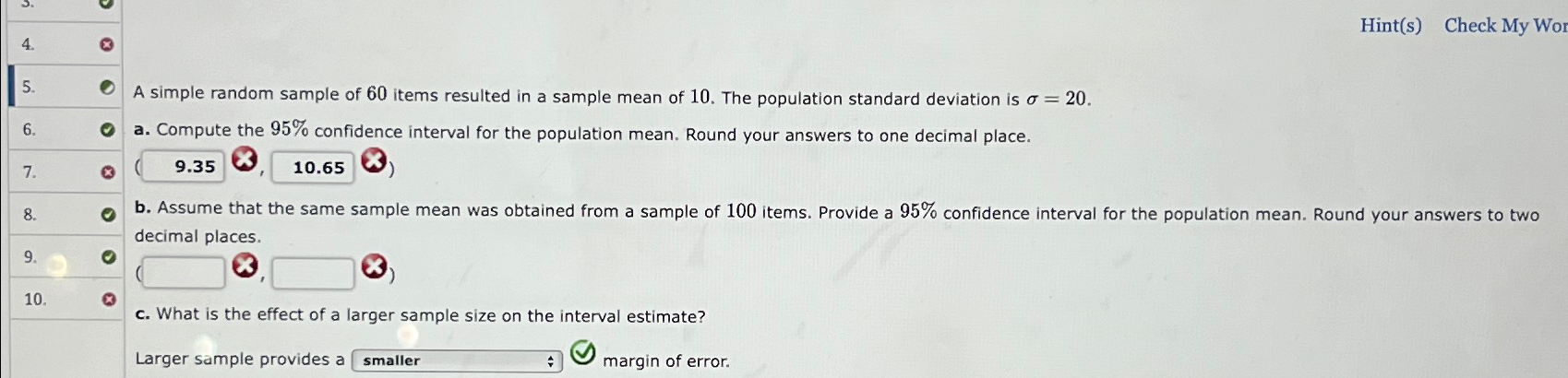Solved Hint(s) ﻿Check My Wor5. ﻿A simple random sample of 60 | Chegg.com