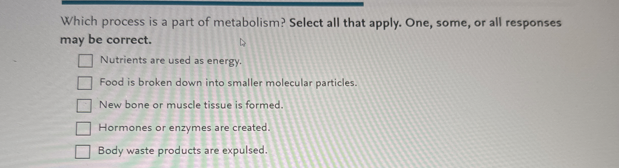 Solved Which process is a part of metabolism? Select all | Chegg.com