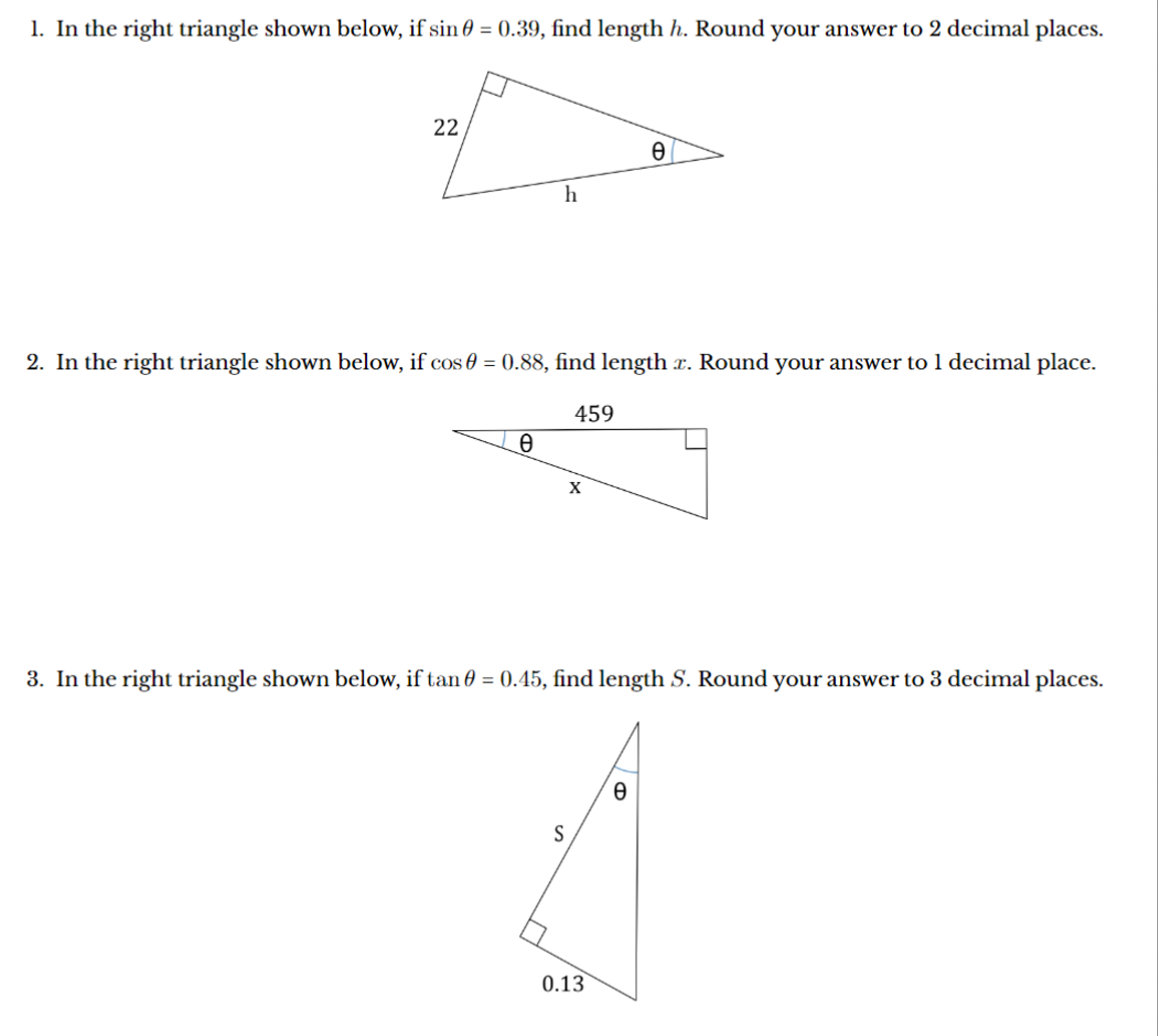 Solved In the right triangle shown below, if sinθ=0.39, | Chegg.com