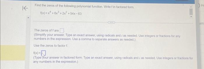 Solved Find the zeros of the following polynomial function. | Chegg.com