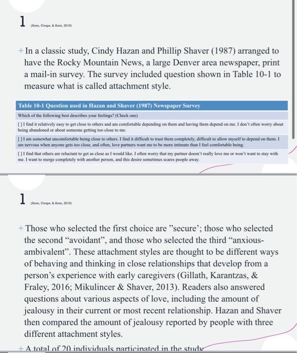 Solved + In a classic study, Cindy Hazan and Phillip Shaver | Chegg.com