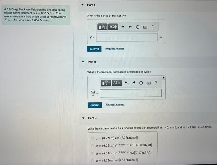 Solved A 0.815. kg block oscillates on the end of a spring | Chegg.com