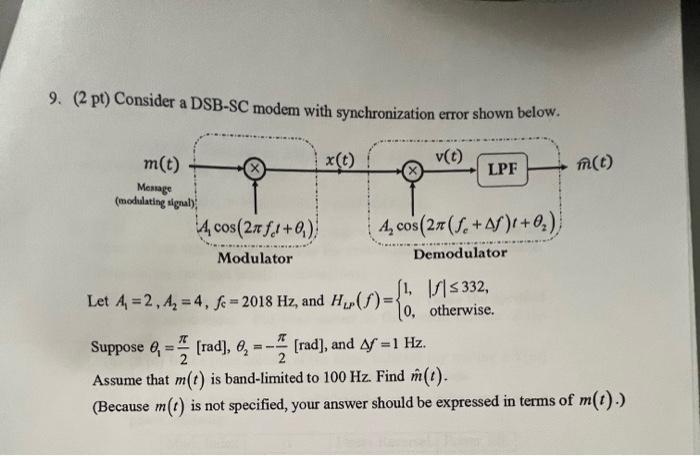 Solved 9. (2 pt) Consider a DSB-SC modem with | Chegg.com