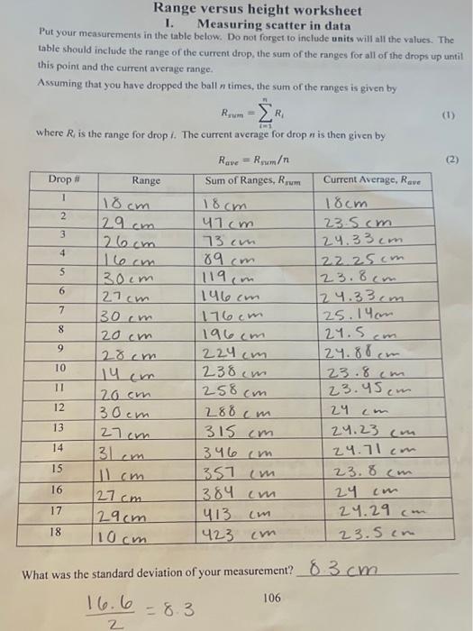 Range versus height worksheet I. Measuring scatter in | Chegg.com
