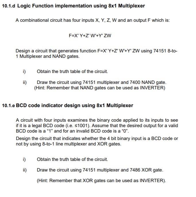 Solved 10.1.d Logic Function implementation using 8x1 | Chegg.com