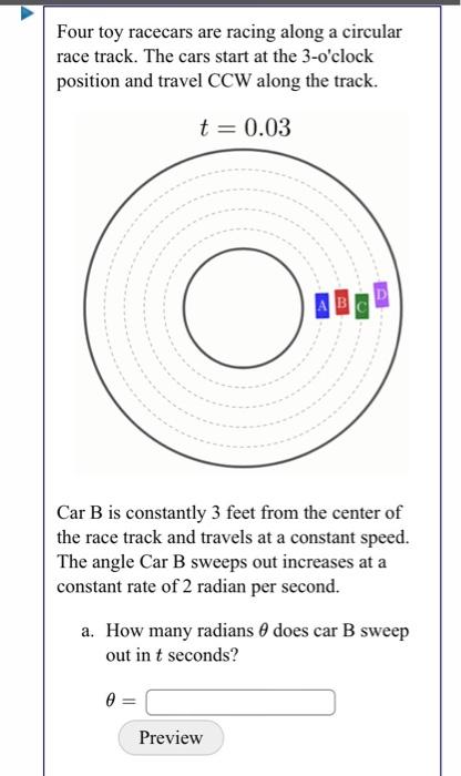 Solved Four toy racecars are racing along a circular race | Chegg.com