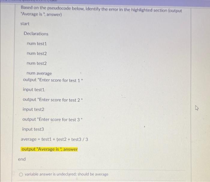 Solved Based on the pseudocode below, identify the error in | Chegg.com